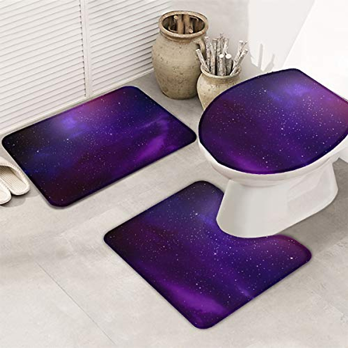 Fantasy Star Bath Rugs Set 3 Piece, Purple Starry Sky Washable Memory Foam Non-Slip Contour Mat Toilet Lid Cover Bath Mat Sets for Bathroom Decor, 18"x30"+14"x18"+15"x18" Small Size