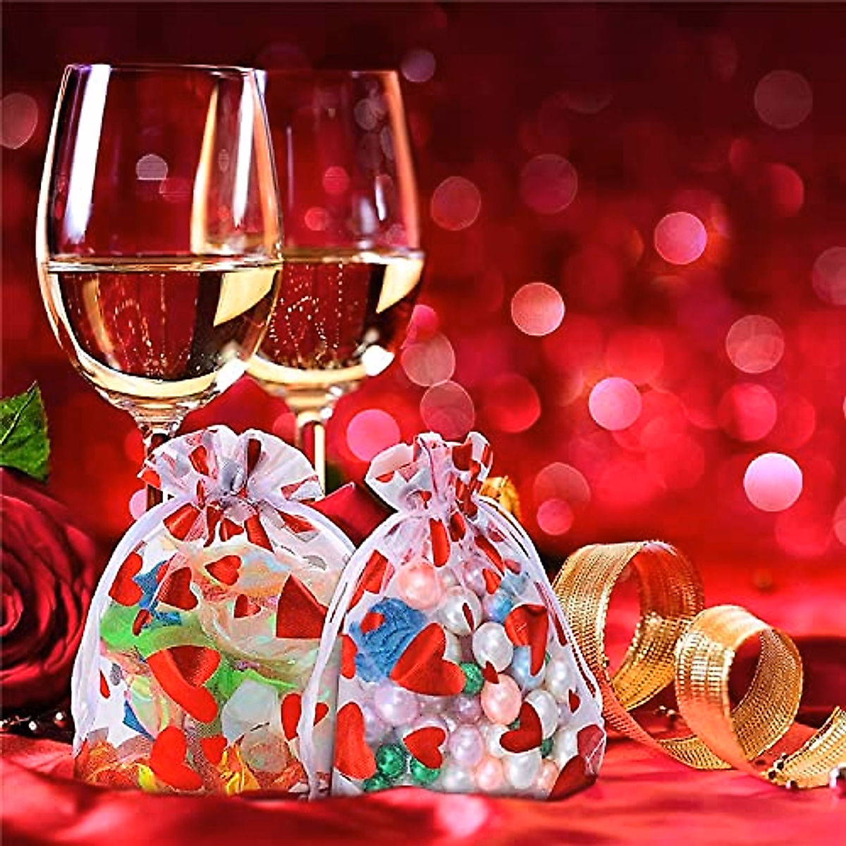 Uderwarb Valentine Day Candy Bags 50Pcs Heart Organza Valentine's Day Gift Bag for Wedding Festival Party, 8x10 cm