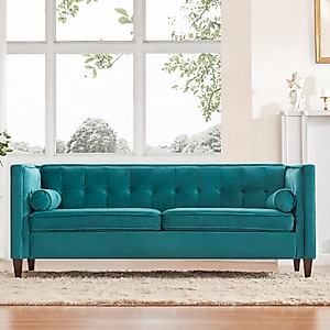 Dreamsir 78'' W Velvet Sofa, Mid-Century Love Seats Sofa Furniture with Bolster Pillows, Button Tufted Couch for Living Room, Tool-Free Assembly (Sofa, Peacock Blue)