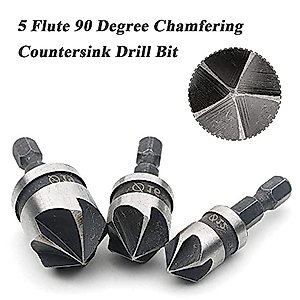 Mesee 3Pcs Countersink Chamfer Drill Bit Set, 5 Flute 90 Degree Chamfering Countersink Bits with 1/4Inch Hex Shank, 12mm 16mm 19mm