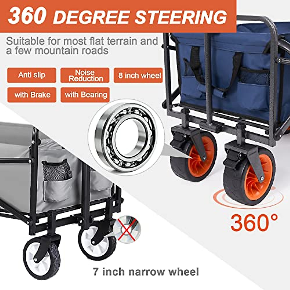 Collapsible Wagon with Big Wheels,Portable Folding Beach Wagon Cart with 330Lbs Capacity,Heacy Duty Utility Foldable Wagon Cart with Aluminum Table and Gate Open Desgin for Camping,Garden(Navy Blue)