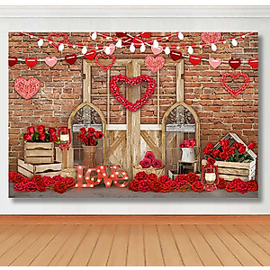 Lofaris Valentine's Day Party Backdrop for Photography Rustic Wood Door Brick Wall Red Heart Mother's Day Background Birthday Baby Shower Portrait Photo Booth Props 9x6ft