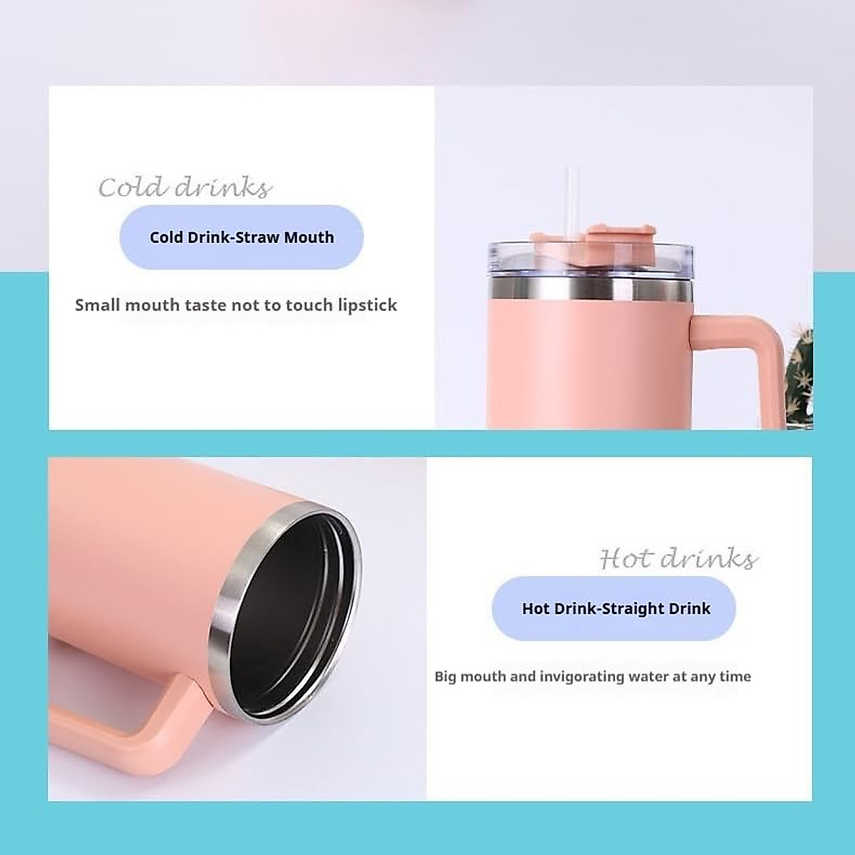 40oz Tumbler With Handle And Straw,Insulated Stainless Steel Double Wall Spill Proof Water Bottle water bottle hot and cold tumbler thermal mug Tumbler with Handle Gifts for Women Men (light pink)