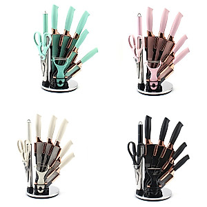 Knife Set, 9Pieces Stainless Steel Non Stick Kitchen Knife Block Set, Sharp Cutlery Knives Set with Sharpener Knives Set with Rotatable Storage Stand Scissors (Black)