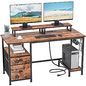 Furologee Computer Desk with Drawer and Power Outlets, 47" Office Desk with 2 Monitor Stands and Fabric File Cabinet, Writing Gaming Table with Shelves and 2 Hooks for Home Office, Rustic Brown