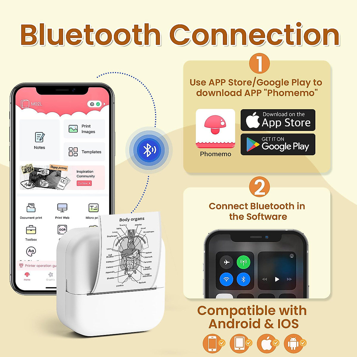 NelkoGlobal Mini Thermal Sticker Printer with 3 Rolls of 50mm*3.5m White Self-Adhesive Thermal Printer Paper