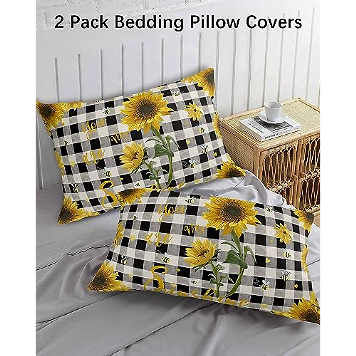 Summer Sunflower Pillow Covers Standard Size Set of 2 20x26 Bed Pillow, Black White Plaid Spring Floral Bee Rustic Wood Plush Soft Comfort for Hair/ Skin Cooling Pillowcases with Envelop Closure