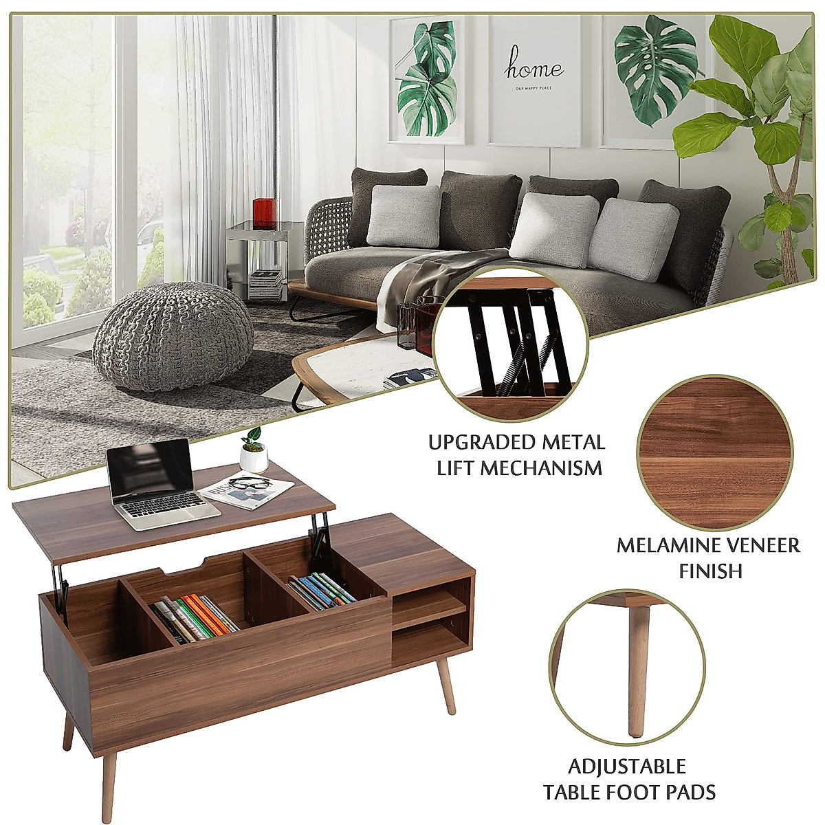 ARMCONE Lift Top Coffee Table with Storage, Mid Century Coffee Table for Living Room, Rustic Coffee Table Large Modern Wooden Table with Wood Legs, 41"x20"18", Walnut