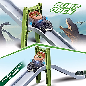 WESPREX Dinosaur Toys Flexible Race Track Toy Set 166 PCS with 2 Dinosaur Cars, Rotary Tower, Slide, Tunnel, U-Turn Station, 2 Dinosaur Figures, Toy Vehicle Playset, Gift for Kids Boys Girls Ages 3+