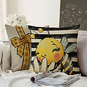 Fjfz Spring Bumble Bee Sunflower Decorative Throw Pillow Covers 18x18 Set of 4, Summer Farmhouse Black White Stripe Porch Patio Home Decor, Yellow Buffalo Plaid Check Quote Outdoor Couch Cushion Case