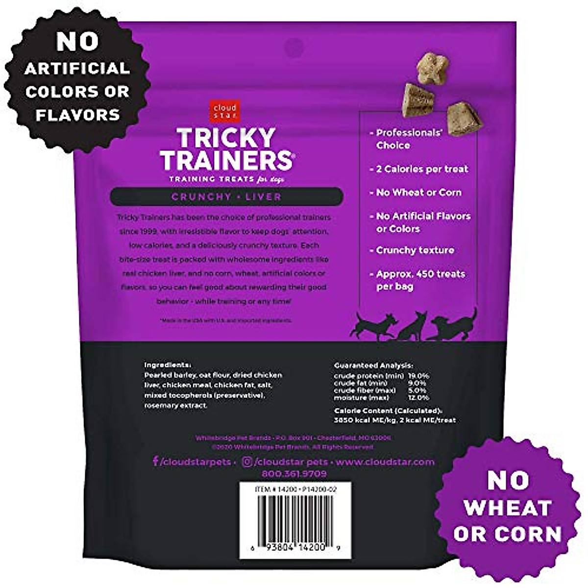 Cloud Star Tricky Trainers Crunchy Dog Training Treats 8 oz Pouch, Chicken Liver Flavor, Low Calorie Behavior Aid with 450 treats