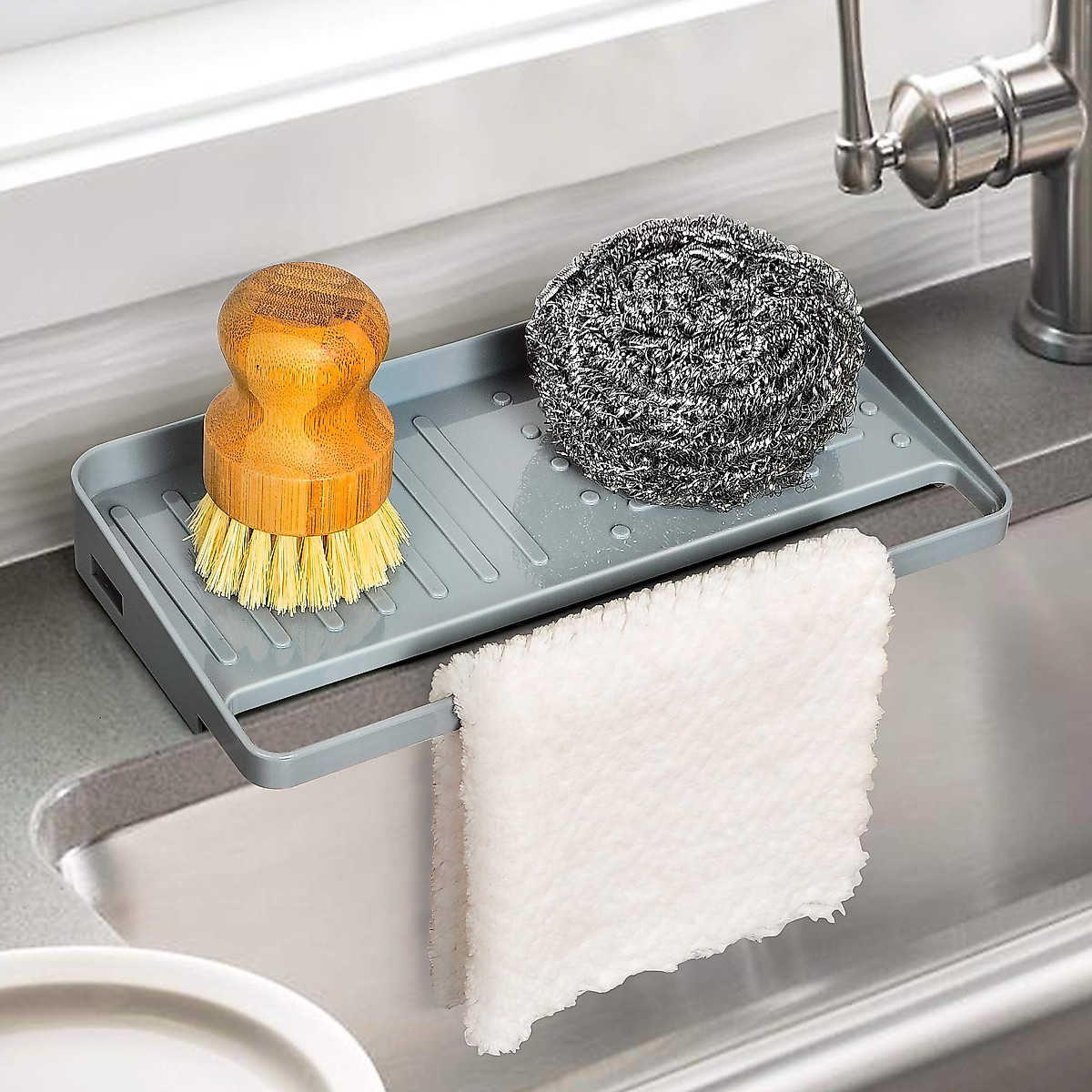 JOMOLA Sponge Holder for Kitchen Sink Sponge Tray 2-in-1 Plastic Scrubber Holder with Suction Cup for Kitchen Bathroom Laundry Black