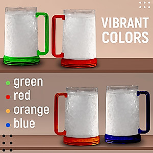 Granatan Beer Mugs with Gel Freezer 16 oz, Double Walled Beer Mugs with Handles, Color Handles Set Of 4