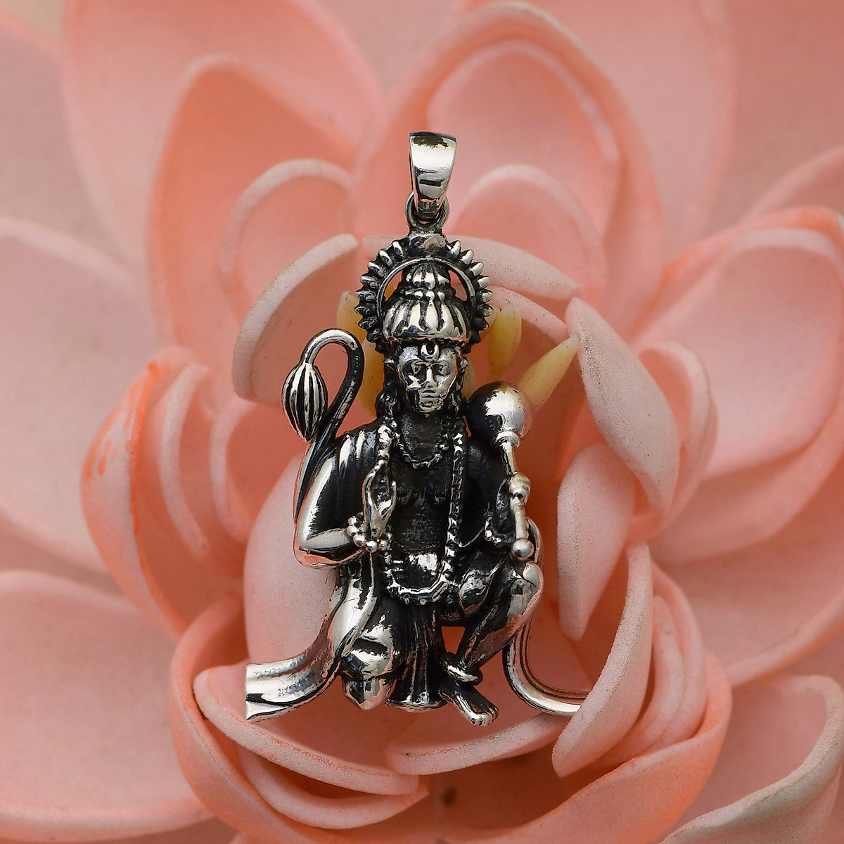 Lord Hanuman Sitting Idol Oxidized Finish Religious Pendant 925 Sterling Silver Jewelry