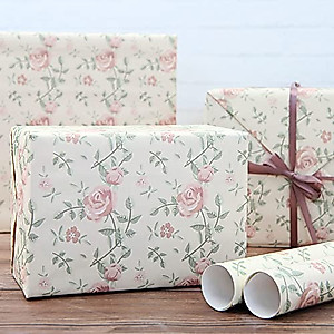Rose Design Wrapping Paper,White Kraft Gift Wrapping Paper,4 Folded Sheets Bridal Shower Wedding Wrapping Paper with String for Women Mother's Day Birthday Anniversary Girl Gifts Wrap Paper,28*20 Inch