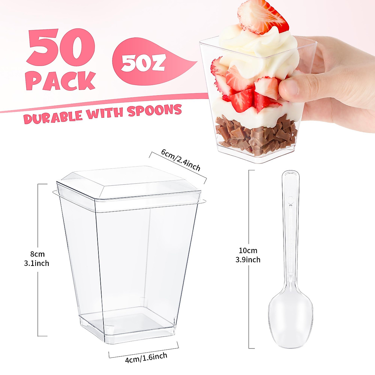 POMINEL Dessert Parfait Cups with Lids, 50 Pack 5 oz Vasos Para Postres Plastic Dessert Cups with Lids and Spoons