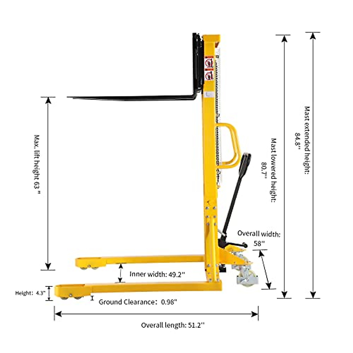 Xilin Manual Pallet Stacker 2200lbs Capacity 63" Lift Height with Straddle Legs Adjustable Forks