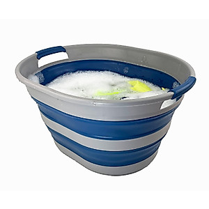 SAMMART 23L (6 Gallons) Collapsible Plastic Laundry Basket - Oval Tub - Foldable Storage Container/Organizer -Portable Washing Tub -Space Saving Laundry Hamper (Grey/Mist Blue)