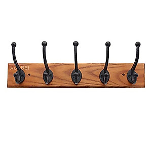 XUEBEI Rustic Cast Iron Coat Hooks Black Wall Hooks Coat Rack Heavy Duty Coat Rack with 5 Wall Hooks,Bedroom Ash Wooden Modern Farmhouse,Entryway Hooks, Bags,Towels