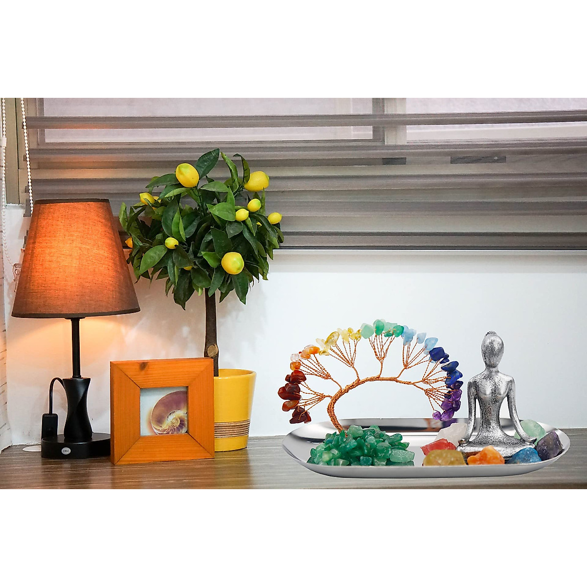 Meditation Accessories, Zen Spiritual Decor, 7 Chakra Crystal Tree Healing Stones and Yoga Statues, for Living Room, Office, Shelves, Mantle Decor, Birthday Gifts for Women