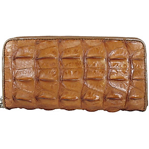 Pelgio Genuine Crocodile Backbone Skin Leather Zip Around Long Wallet (Tan Brown)