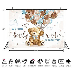 Imirell We Can Bearly Wait Backdrop 7Wx5H Feet Cute Cartoon Balloons Teddy Bear Baby Shower Party Photography Backgrounds for Boy Photo Shoot Decor Props Decorations