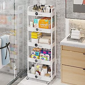 UDEAR 5-Tier Rolling Utility Cart with 12 Category Labels,Multifunctional Storage Shelves with Handle and Lockable Wheels for Room,Office,Kitchen,Bathroom,White
