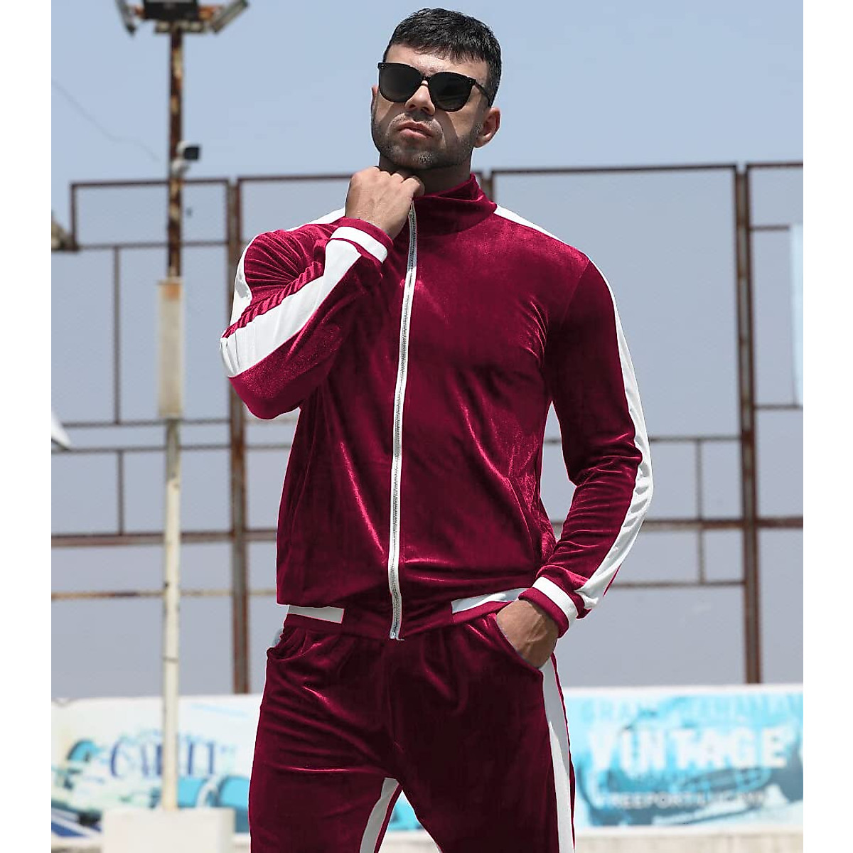 YAOGRO Velour Tracksuit Sweatsuit Set:Men's Jogging Suits Full Zip Casual Jackets Pants 2 piece Outfit Athletic Workout Red