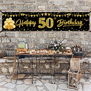 Happy 50th Birthday Banner Decorations, Black Gold 50 Birthday Sign Party Supplies for Men Women, Fifty Birthday Decor Photo Booth Props for Outdoor Indoor