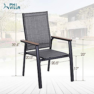 PHI VILLA Patio Stackable Dining Chairs, Lightweight Aluminum Outdoor Sling Chairs with Extra Wide Seat & Wood-Like Armrest, Stackable Space Saving Garden Lawn Chairs for All Weather, Set of 2