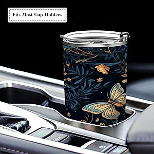 Wassud Gold Blue Butterfly 20 oz Tumbler with Lid and Straw Stainless Steel Double Wall Vacuum Tumblers Insulated Travel Coffee Mug for Cold and Hot Drinks