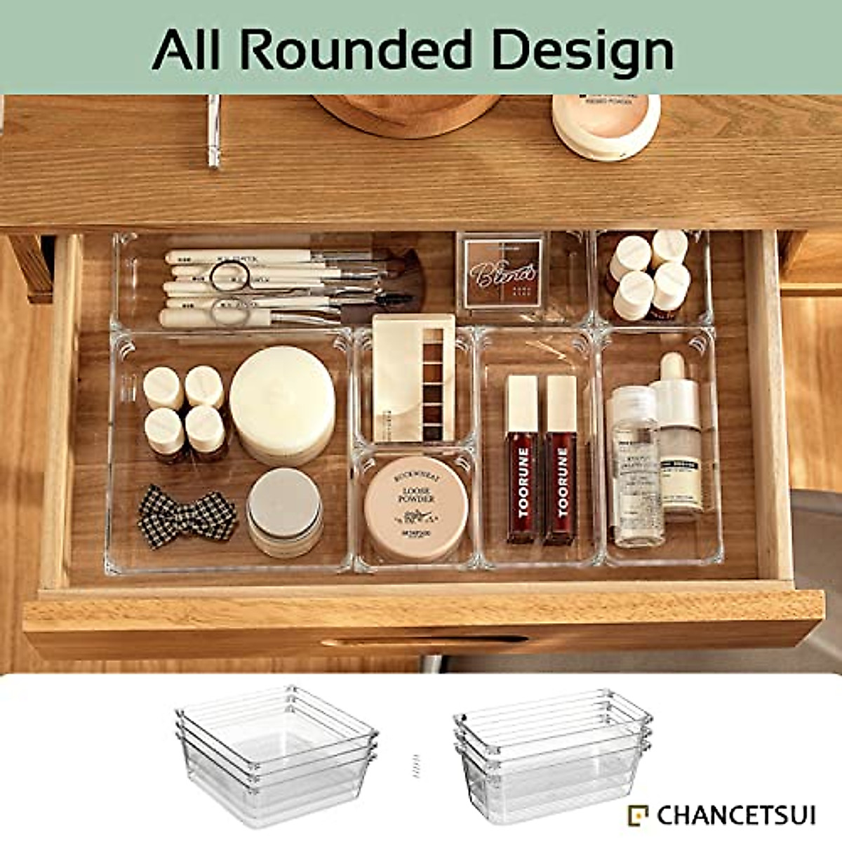 CHANCETSUI 10 pcs Desk Drawer Organizer Non-Slip Organiser Trays, 4-Size Clear Plastic Drawer Storage Boxes, Drawer Organizer Dividers for Makeup, Kitchen, Bedroom, Bathroom, Office