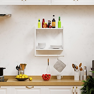 ADREMAN Bathroom Shelf Wall, Over The Toilet Storage Shelves Bamboo Bathroom Shelf Organizer Floating Wall Mounted with Hook and Hanging Rod for Bathroom,Kitchen,Toilet,Living Room (White)