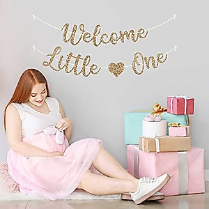 Pre-Strung Welcome Little One Banner - NO DIY - Gold Glitter Baby Shower Gender Reveal Party Banner in Script - Pre-Strung Garland on 6 ft Strand - Neutral Decorations & Decor. Did we Mention no DIY?