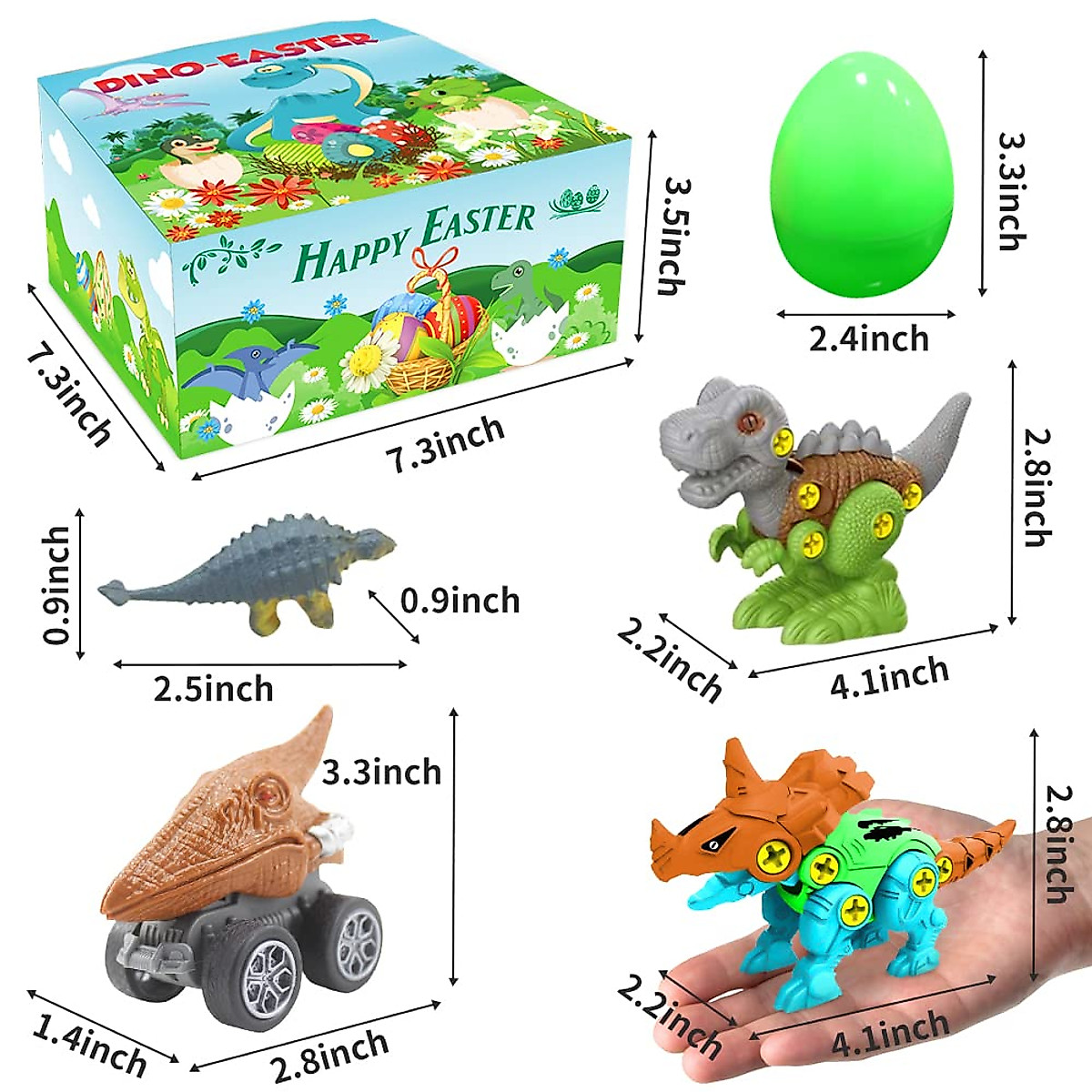 Easter Eggs Filled with Dinosaur Toys for Kids Boys Girls, 9 Pack Easter Basket Stuffers Fillers Prefilled with 4 PCS Take Apart Building Dino Toys 3 PCS Pull Back Cars 12PCS Mini Dino