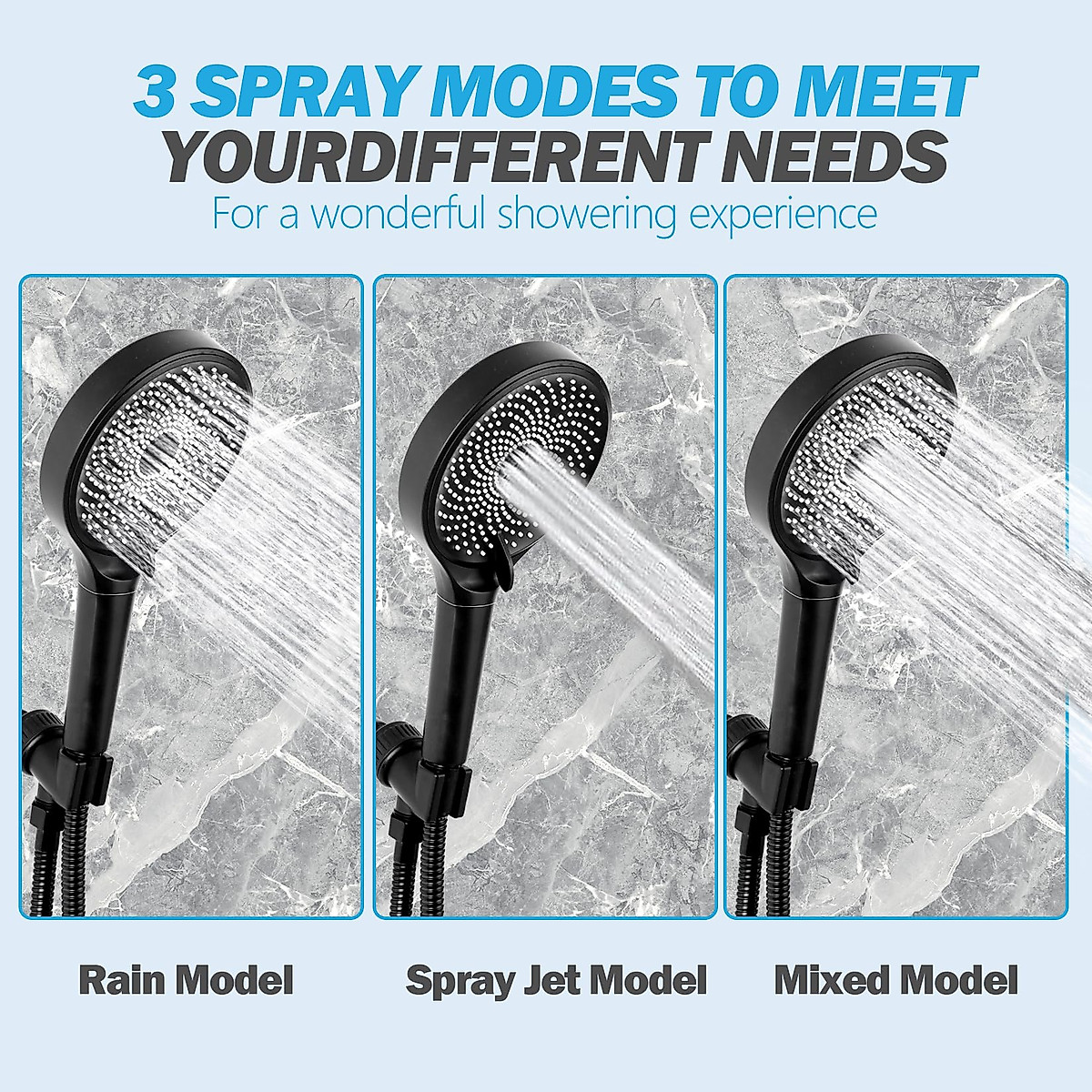 Shower Head with handheld, High Pressure Shower Head Set with Hose Adjustable Bracket Rubber Washers