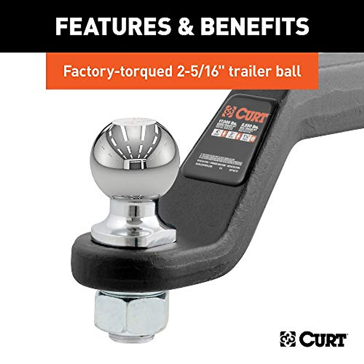 CURT 45332 Trailer Hitch Mount with 2-5/16-Inch Ball & Pin, Fits 2-Inch Receiver, 15,000 lbs, 4-Inch Drop