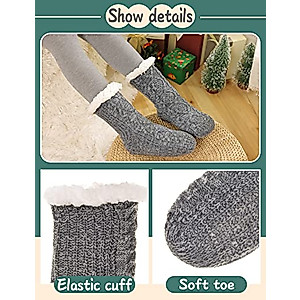 Fuzzy Slipper Socks for Women Fluffy Cozy Cabin Fleece Winter Warm Plush Home Thick Comfy Grips Non Slip Socks Christmas Gift Stocking Stuffer（Knit- Grey Blue）