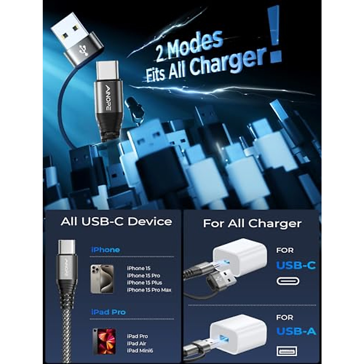 AINOPE USB C to USB C Cable [60W, 6FT] C to C Type Fast Charging Cable with Removable USB C to USB Adapter, Fast Charge USB C Cable for iPad Pro Air Galaxy