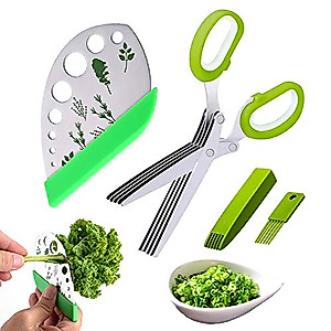 BENEKIY Scissors Herb Stripper Tools Kits 5-Blades Stainless Steel Scissors with Kitchen Herb Stripping Tool, Safe Cover, Cleaning Comb Multipurpose Kitchen Chopping Shear, Mincer