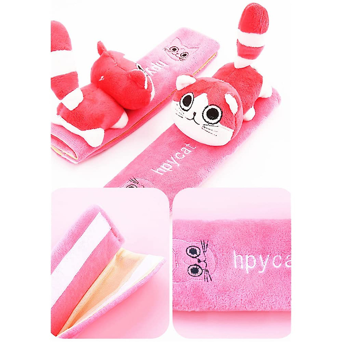 Katutude Car Seat Belt Cushion Car Seat Belt Strap Cover, Cute Animal Plush Shoulder Strap Pad Seat Belt Cover Adjustable Super Soft Belt Protector for Kids Adults, Red Cat