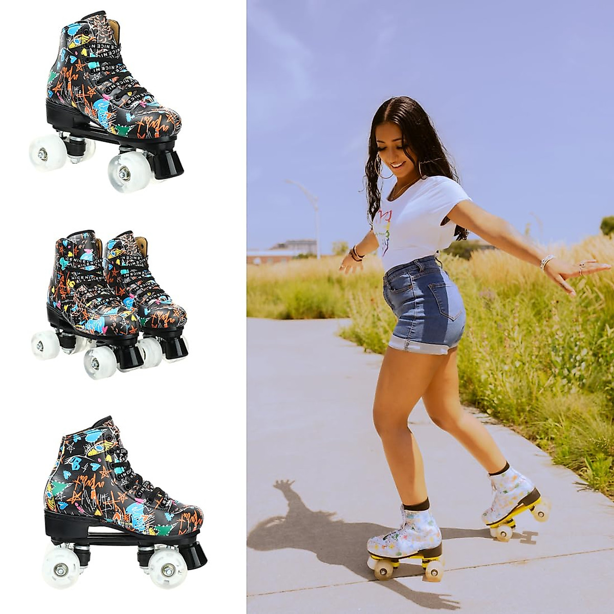 Unisex Indoor and Outdoor Roller Skates Classic High-top for Adult Skating Four-Wheel Roller Skates