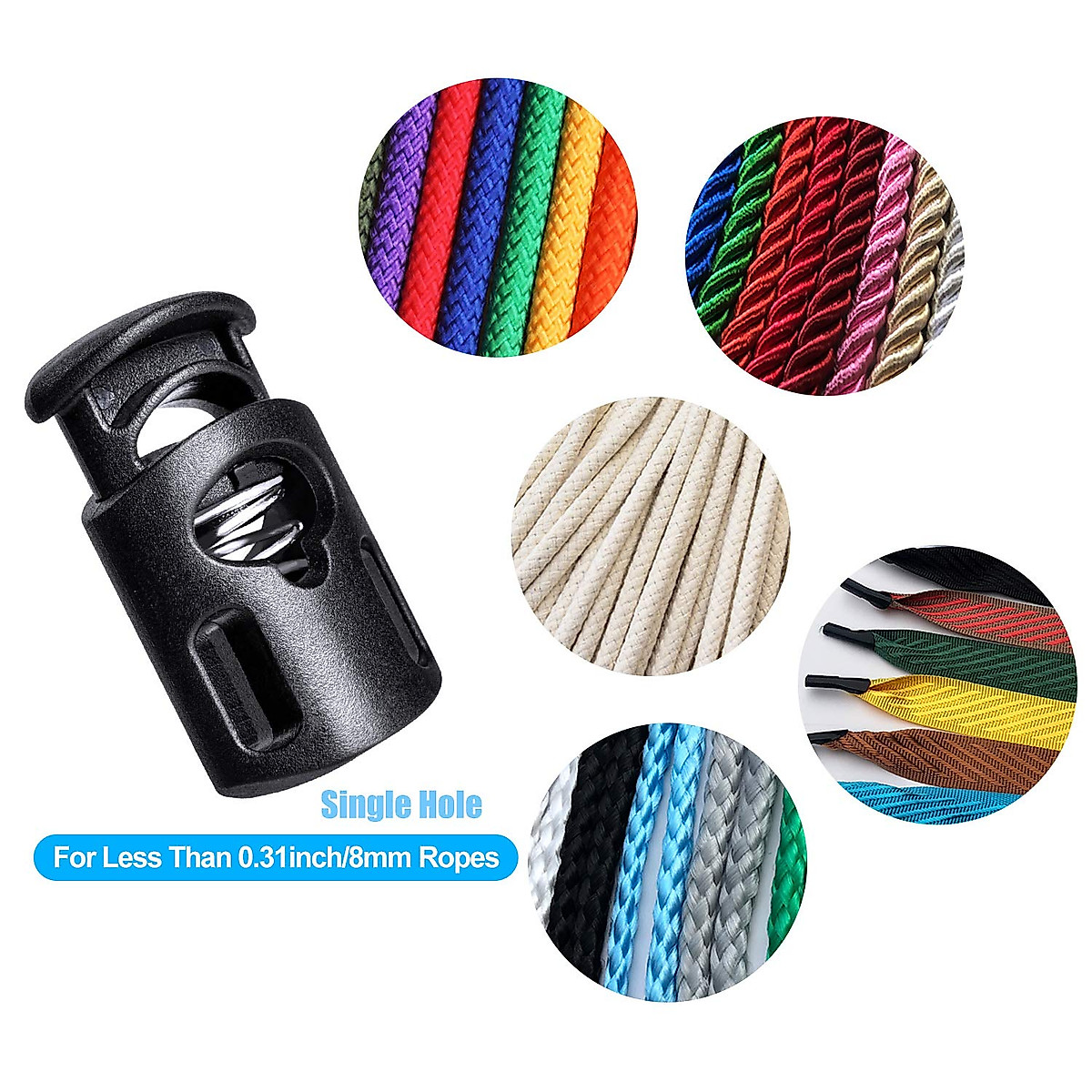 AQRINGO Plastic Cord Locks Upgraded Single Hole Spring Toggle Stopper Cord Stops Fastener Toggles for Shoelaces, Drawstrings, Paracord, Bags, Clothing, and More (10Pcs, Black)