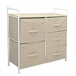 Nightstand Bedside Table Drawer Cabinet Dresser Storage Shelf W 5 Fabric Drawers Metal Frame Wooden Tabletop Bedroom Modern and Simple Style Storage Tower Dresser