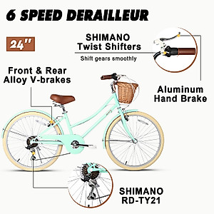 Glerc Missy 24" inch Girl Cruiser Kids Bike 6-Speed Teen Hybrid City Bicycle for Youth Ages 7 8 9 10 11 12 13 14 Years Old with Wicker Basket & Lightweight, Mint Green