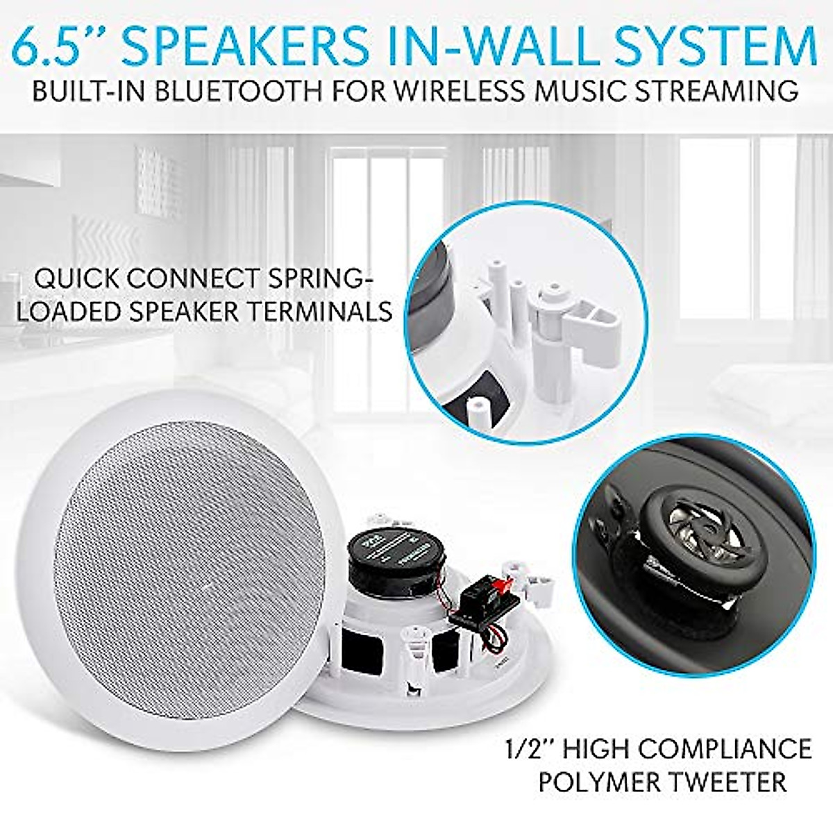 Pyle 6.5” Pair Bluetooth Flush Mount In-wall In-ceiling 2-Way Speaker System Quick Connections Changeable Round/Square Grill Polypropylene Cone & Polymer Tweeter Stereo Sound 150 Watt (PDICBT652RD)