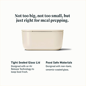 Caraway Glass Food Storage, 6.6 Cup Glass Container,Ceramic Coated Food Container,Easy to Store, Non Toxic, Non Stick Lunch Box Container with Glass Lids. Dishwasher, Oven,Square Shape,Cream