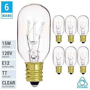 KOR (Pack of 6) 15T7/C - 15W Clear Incandescent Salt Lamp & Appliance Bulb - T7 Light Bulb - with Candelabra E12 Base - 15T7