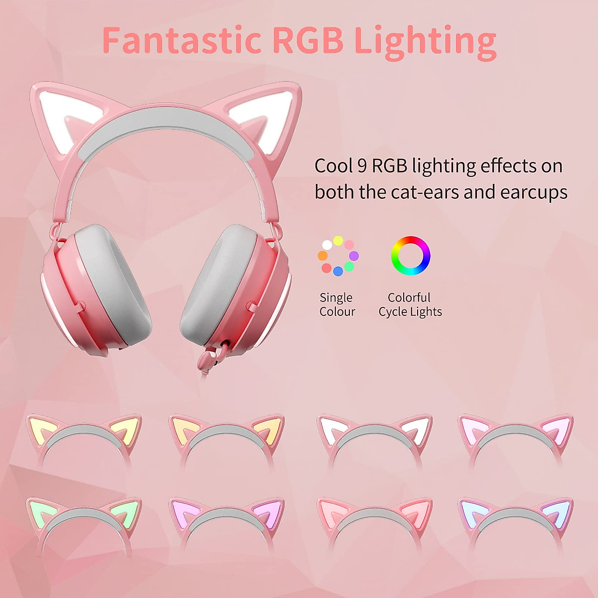 EASARS Cat Ear Headset, Pink Gaming Headset with Retractable Mic, 7.1 Surround Sound, RGB Lighting, Wired Headset for PC, PS4, PS5