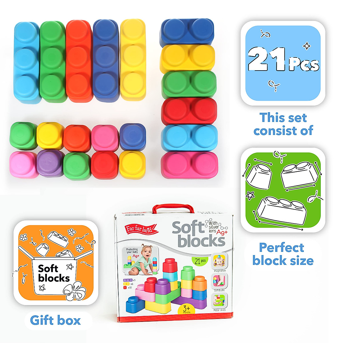 Far far land -Super Soft Building Blocks for Toddlers Ages 1-3 Years– Teaches & Enhances Creativity and Fine Motor Skills- STEM Building Set - 21 Pieces
